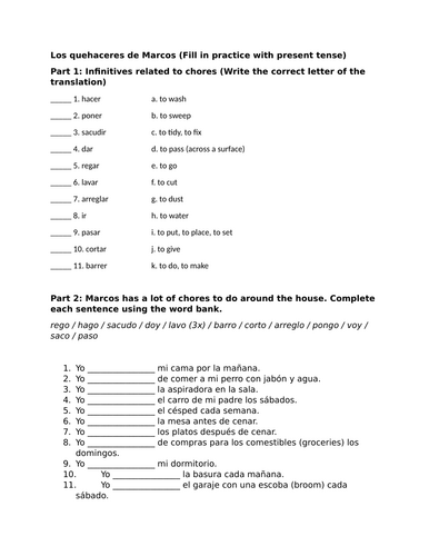 Los quehaceres de Marcos (Fill in practice with present tense ...