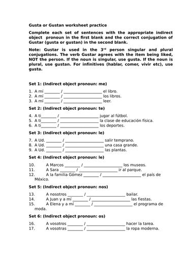 Gusta or Gustan worksheet practice | Teaching Resources