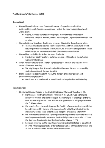 The Handmaid's Tale - Context and Critics summary | Teaching Resources