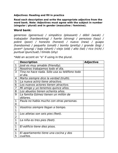 Adjectives: Reading and fill in practice (Spanish) | Teaching Resources