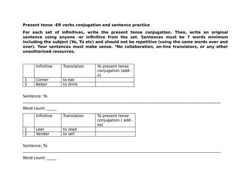 Present tense -ER verbs conjugation and sentence practice | Teaching ...