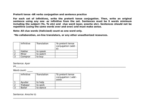 Preterit tense -AR verbs conjugation and sentence practice | Teaching ...