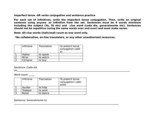 Imperfect tense -AR verbs conjugation and sentence practice | Teaching ...