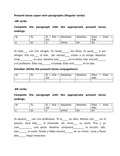 Present tense super mini paragraphs (Regular verbs) | Teaching Resources