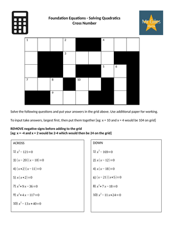 Foundation Equations - Solving Quadratics Cross Number | Teaching Resources