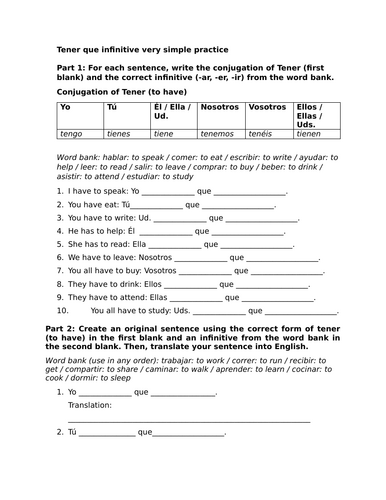 Tener que infinitive very simple practice | Teaching Resources