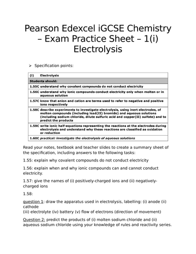 Pearson Edexcel iGCSE Chemistry - 1(i) Electrolysis Exam Practice Sheet ...