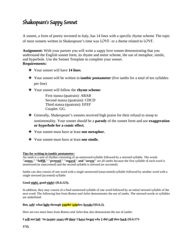 Shakespeare's Sappy Sonnet Activity for Romeo and Juliet | Teaching ...