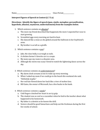 Interpret Figures of Speech in Context | Teaching Resources
