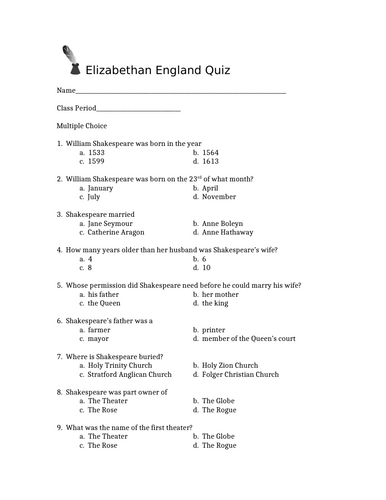 Shakespeare's Elizabethan England Background Quiz | Teaching Resources