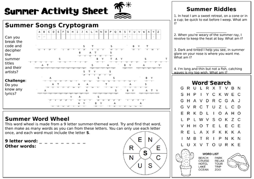Summer Activity Quiz/Brain-Teaser Sheet | Teaching Resources