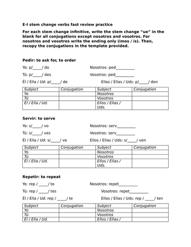 E-I stem change verbs fast review practice | Teaching Resources