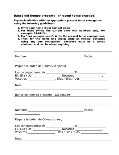Banco del tiempo presente (Present tense practice) | Teaching Resources