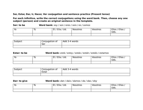 Ser, Estar, Dar, Ir, Hacer, Ver conjugation and sentence practice ...