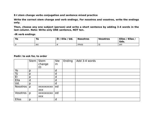 E-I stem change verbs conjugation and sentence practice | Teaching ...