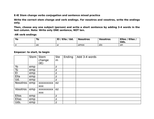 E-IE Stem change verbs conjugation and sentence mixed practice ...