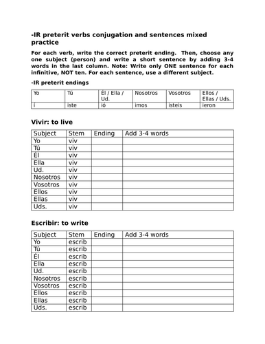 -IR preterit verbs conjugation and sentences mixed practice | Teaching ...