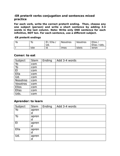 -ER preterit verbs conjugation and sentences mixed practice | Teaching ...