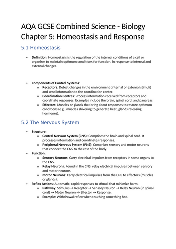 Homeostasis and Response Revision notes | Teaching Resources