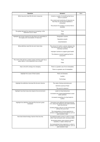 AQA GCSE Geography The Challenge of Resource Management Multiple Choice ... AQA GCSE Geography The Challenge of Resource Management Multiple Choice ...