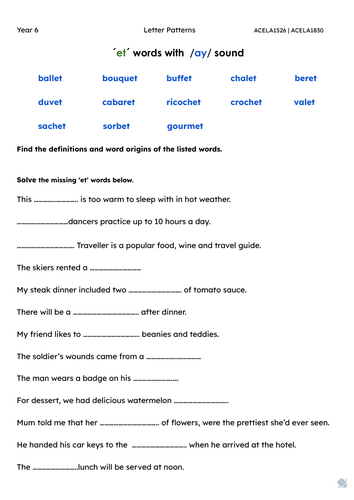 Year 6 Letter Patterns | ´et´ as in /ay/ & 'ia' as in long i | Teaching Resources