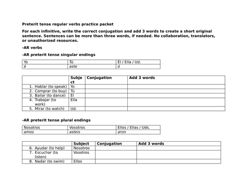 Preterit tense regular verbs practice packet | Teaching Resources