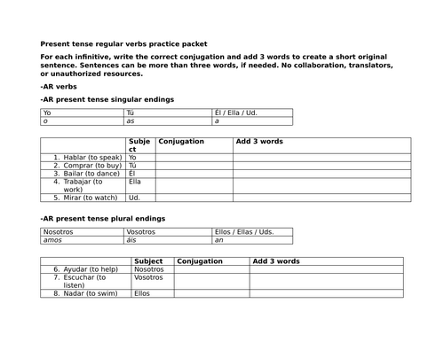 Present tense regular verbs practice packet | Teaching Resources