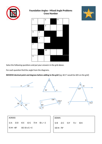 Foundation Angles - Mixed Angle Problems Cross Number | Teaching Resources