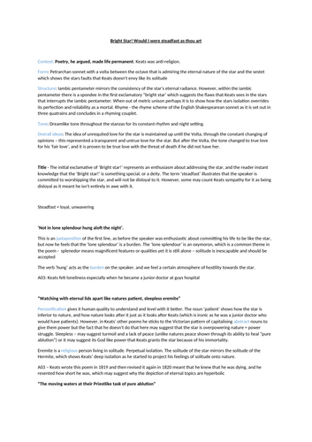 Bright Star by John Keats A level English Lit A* notes | Teaching Resources