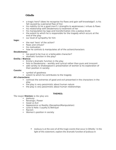A LEVEL ENGLISH LITERATURE: "Othello" a bank of essay questions ...