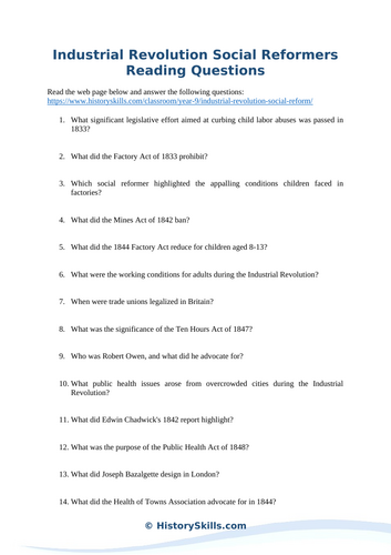 Industrial Revolution Social Reformers Reading Questions Worksheet ...