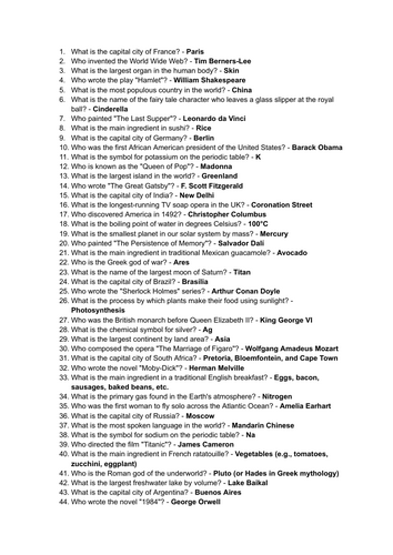 End of Term General Knowledge Quiz 3 - 50 Questions Suitable for KS4 ...