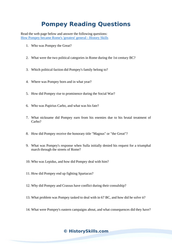 Pompey the Great Reading Questions Worksheet | Teaching Resources