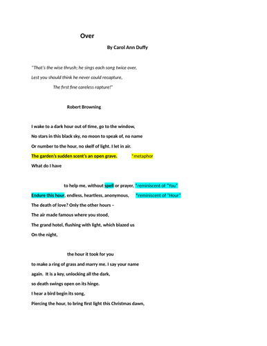 A LEVEL ENGLISH LITERATURE: CAROL ANN DUFFY "Over" an analysis ...