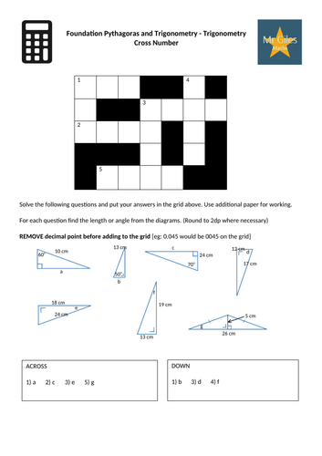 Foundation Trigonometry and Pythagoras - Trigonometry Cross Number ...