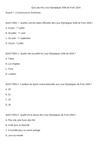 Quiz pour les Jeux Olympiques d'été de Paris 2024 | Teaching Resources