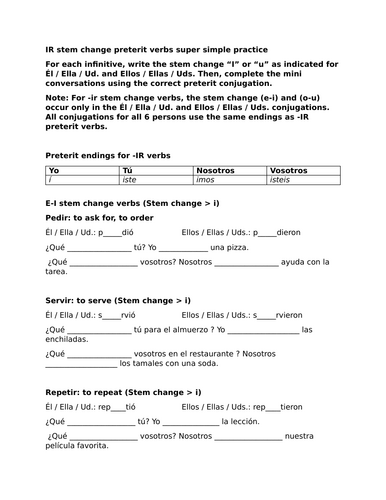 IR stem change preterit verbs super simple practice | Teaching Resources
