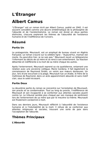 L'Étranger - Albert Camus - Overview | Teaching Resources