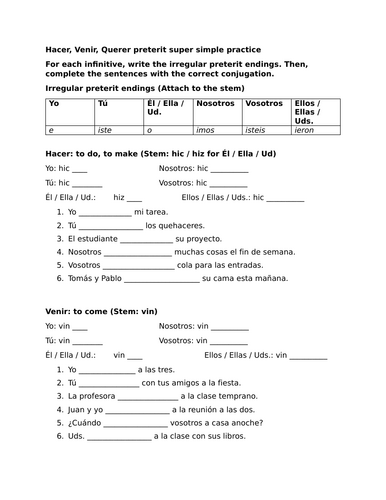 Hacer, Venir, Querer preterit super simple practice | Teaching Resources