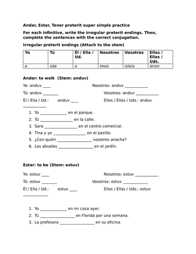 Andar, Estar, Tener preterit super simple practice | Teaching Resources