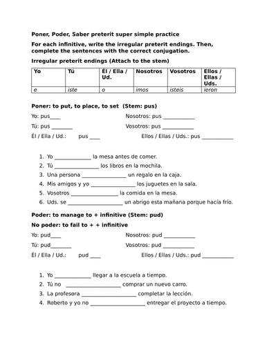 Poner, Poder, Saber preterit super simple practice | Teaching Resources