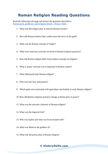 Ancient Roman Religion Reading Questions Worksheet | Teaching Resources