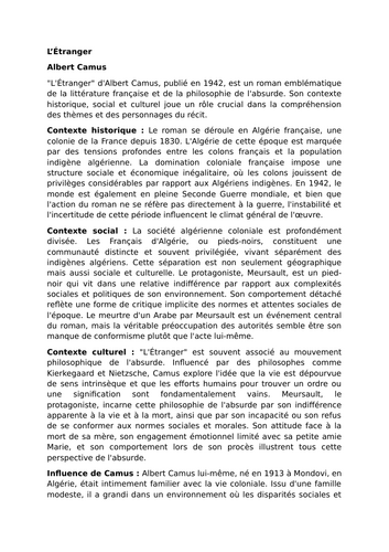 L'Étranger - Albert Camus - Historical, Social and Cultural Context - A ...