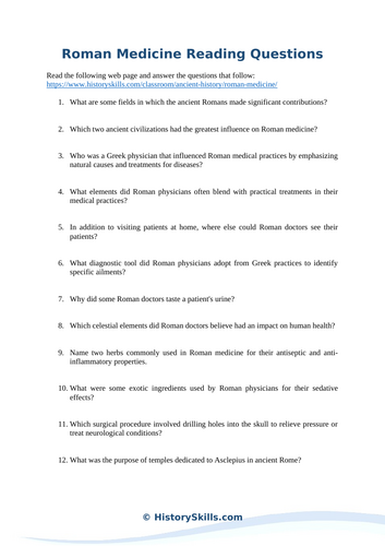 Ancient Roman Medicine Reading Questions Worksheet | Teaching Resources