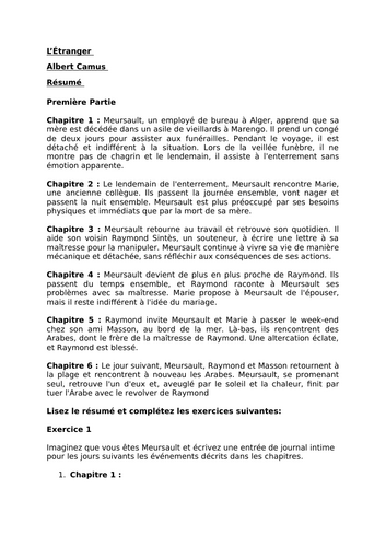 L'Étranger - Albert Camus - Summary Part One - Chapters 1 to 6 - A ...