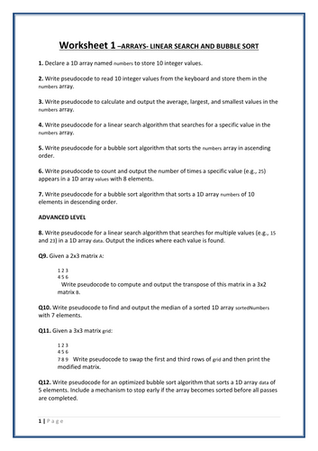 WORKSHEET ON ARRAYS-IGCSE/GCSE/AS LEVEL COMPUTER SCIENCE | Teaching Resources