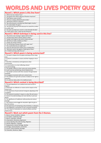 AQA Worlds and Lives Poetry Quiz | Teaching Resources