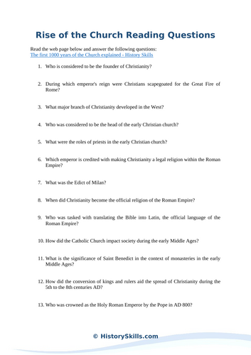 Rise of the Catholic Church Reading Questions Worksheet | Teaching ...