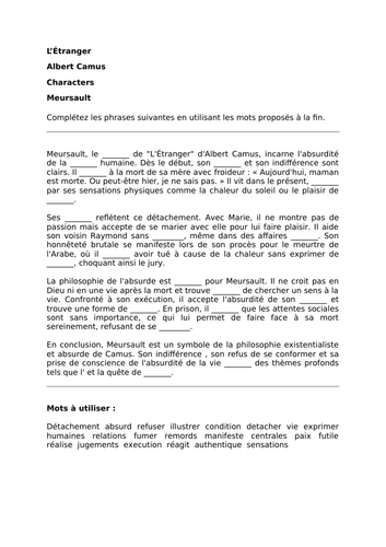 L'Étranger - Albert Camus - Characters - Meursault - A Level French ...