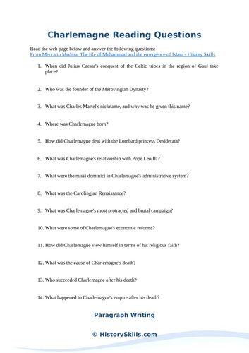Charlemagne Reading Questions Worksheet | Teaching Resources